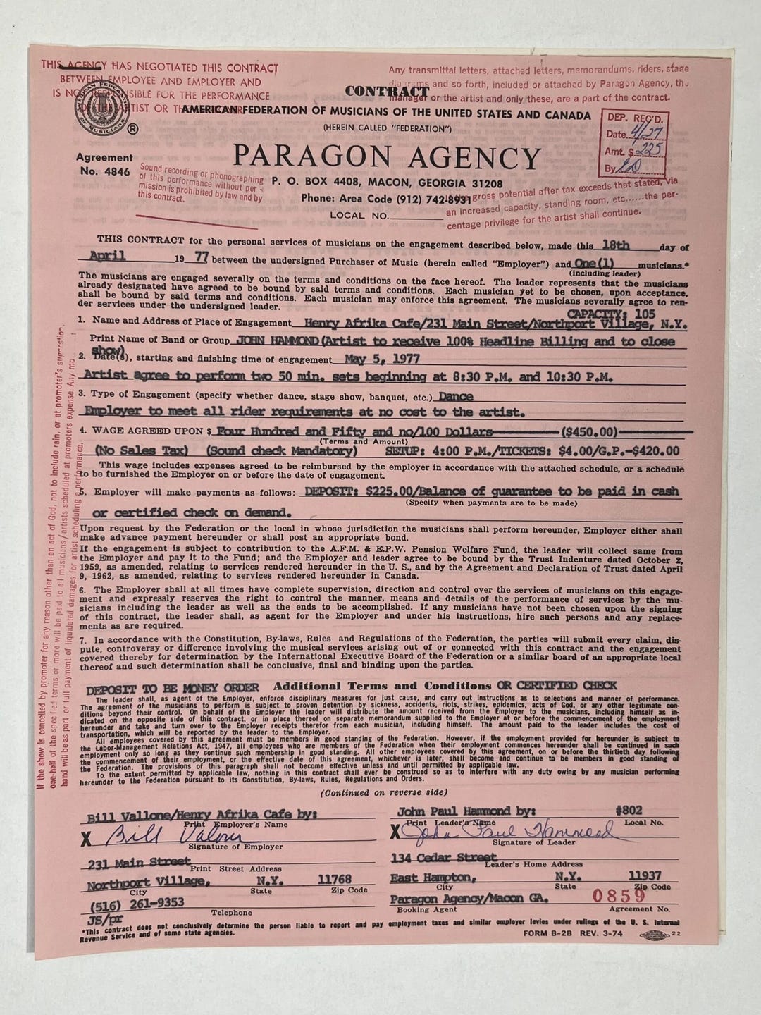 John Hammond Concert Contract 1977 Northport Village Ny-vintage Pop ...
