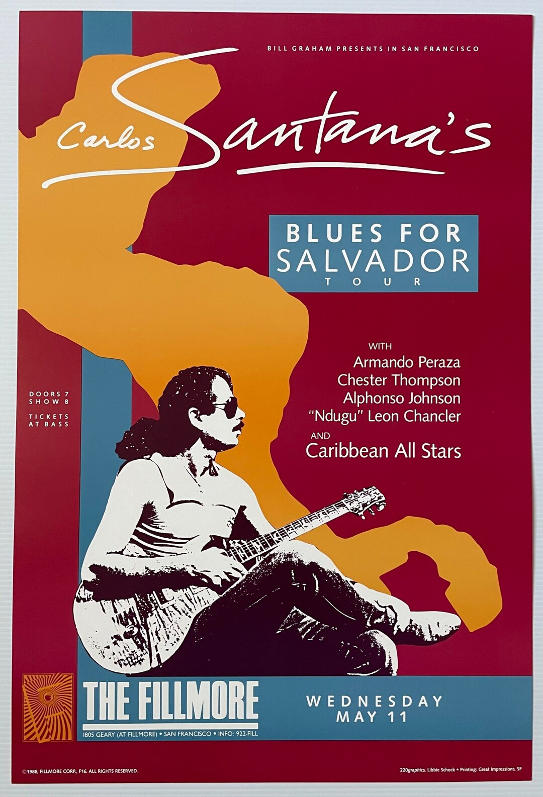 Carlos Santana Concert Poster 1988 F-16 Fillmore - Etsy