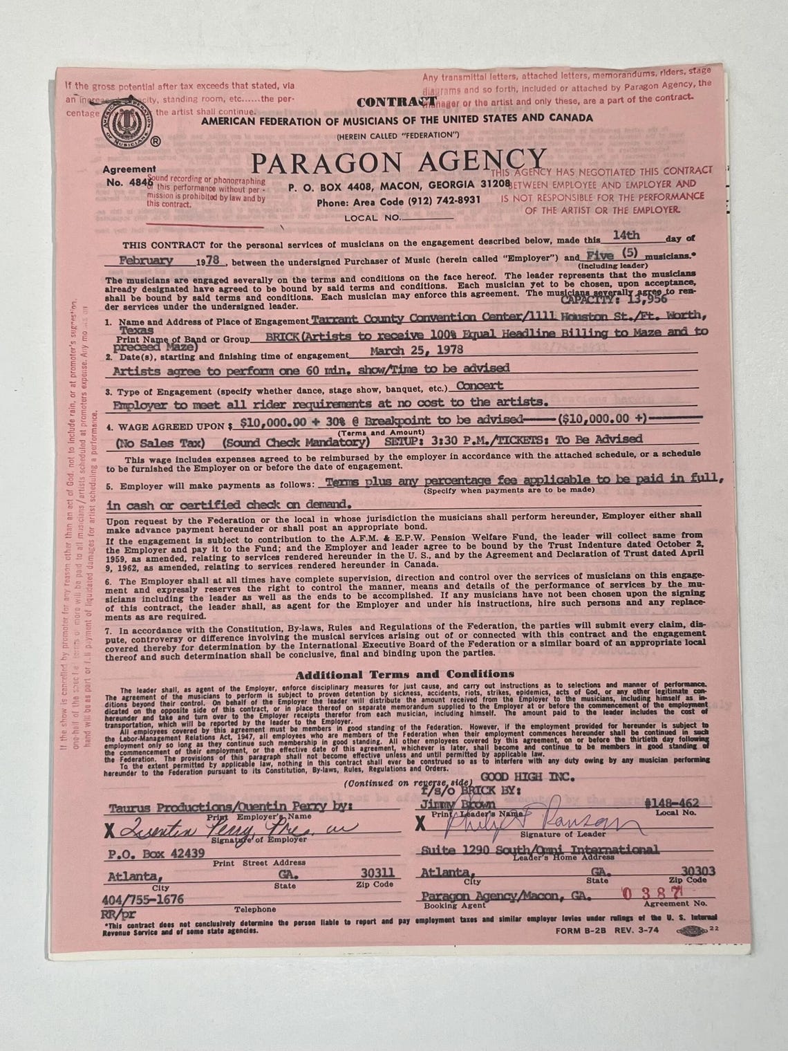 Brick Concert Contract 1978 Ft Worth Tx-vintage Pop Culture Music ...