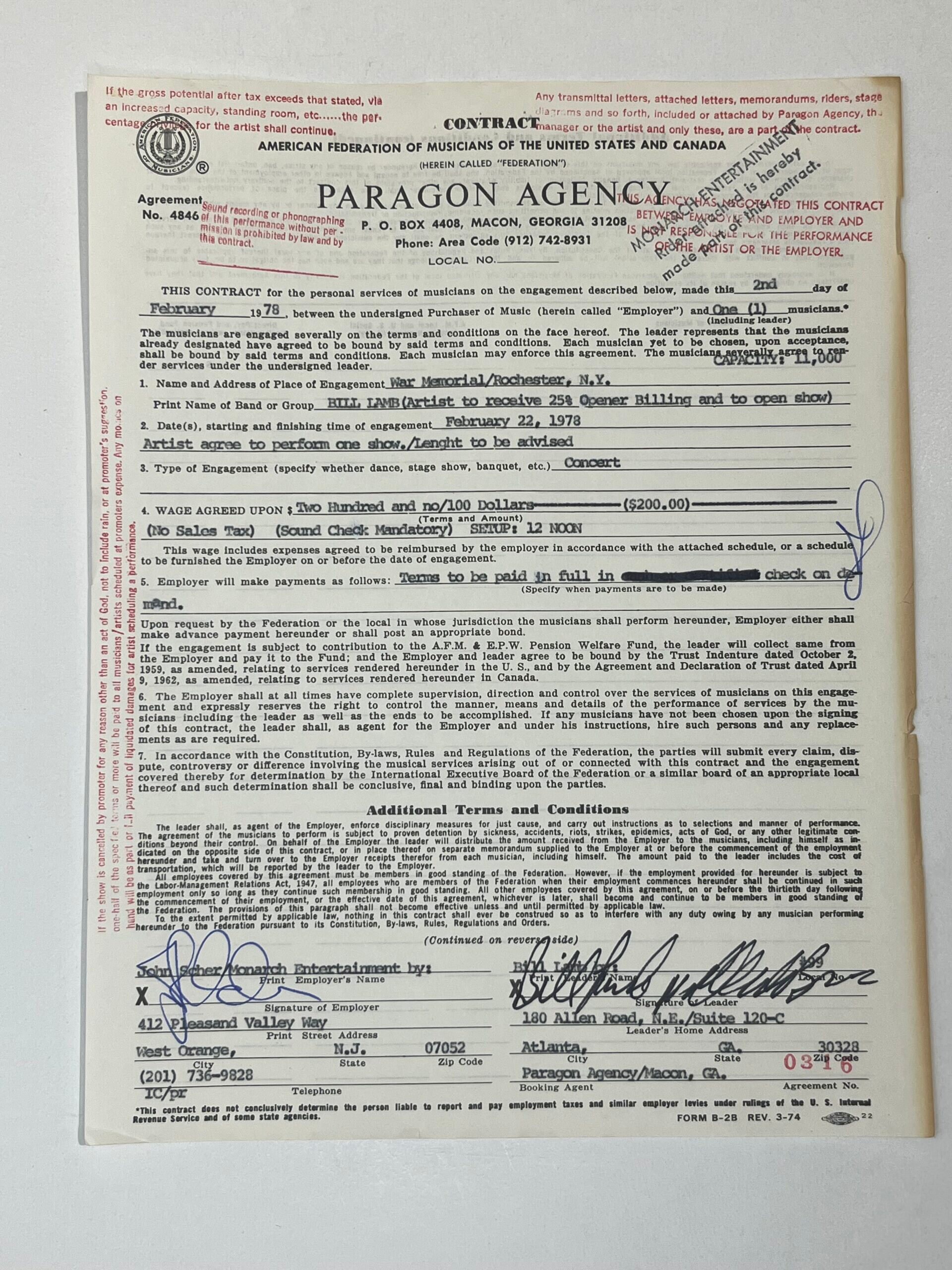 Bill Lamb Concert Contract 1978 Rochester NY - Etsy