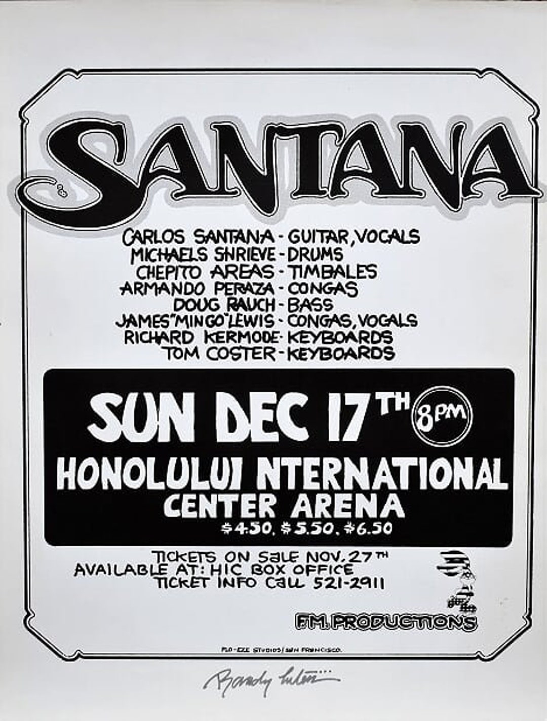 Santana Concert Poster Honolulu 1972 Randy Tuten Signed Vintage Poster ...