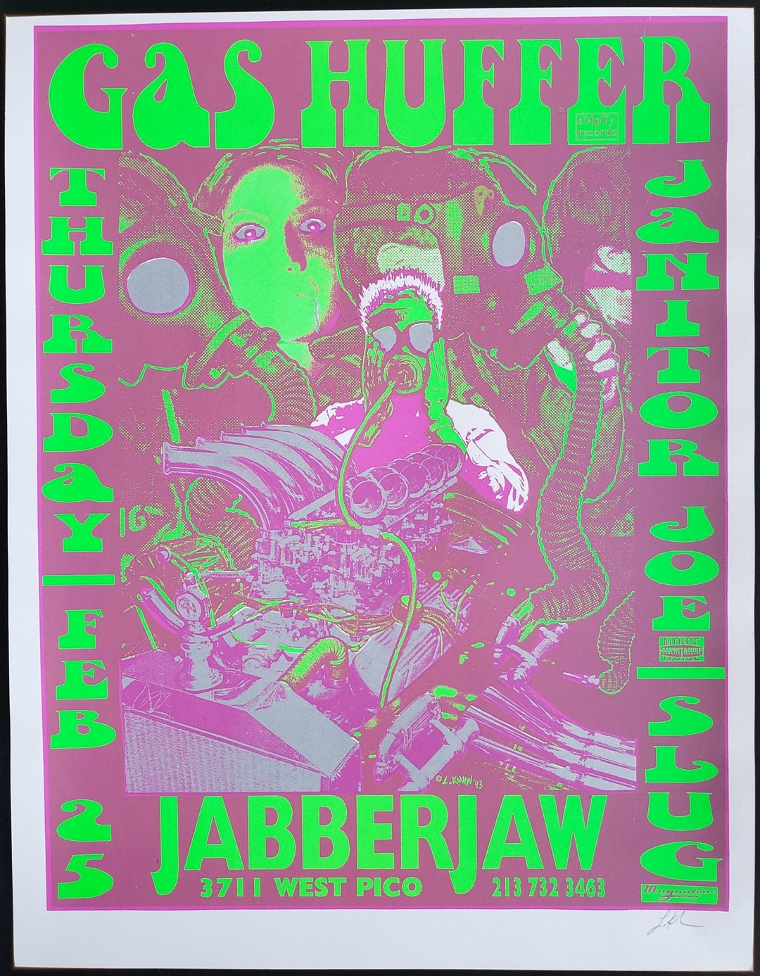 Gas Huffer Concert Poster Lindsey Kuhn Signed Jabberjaw 1993 Pink Green ...