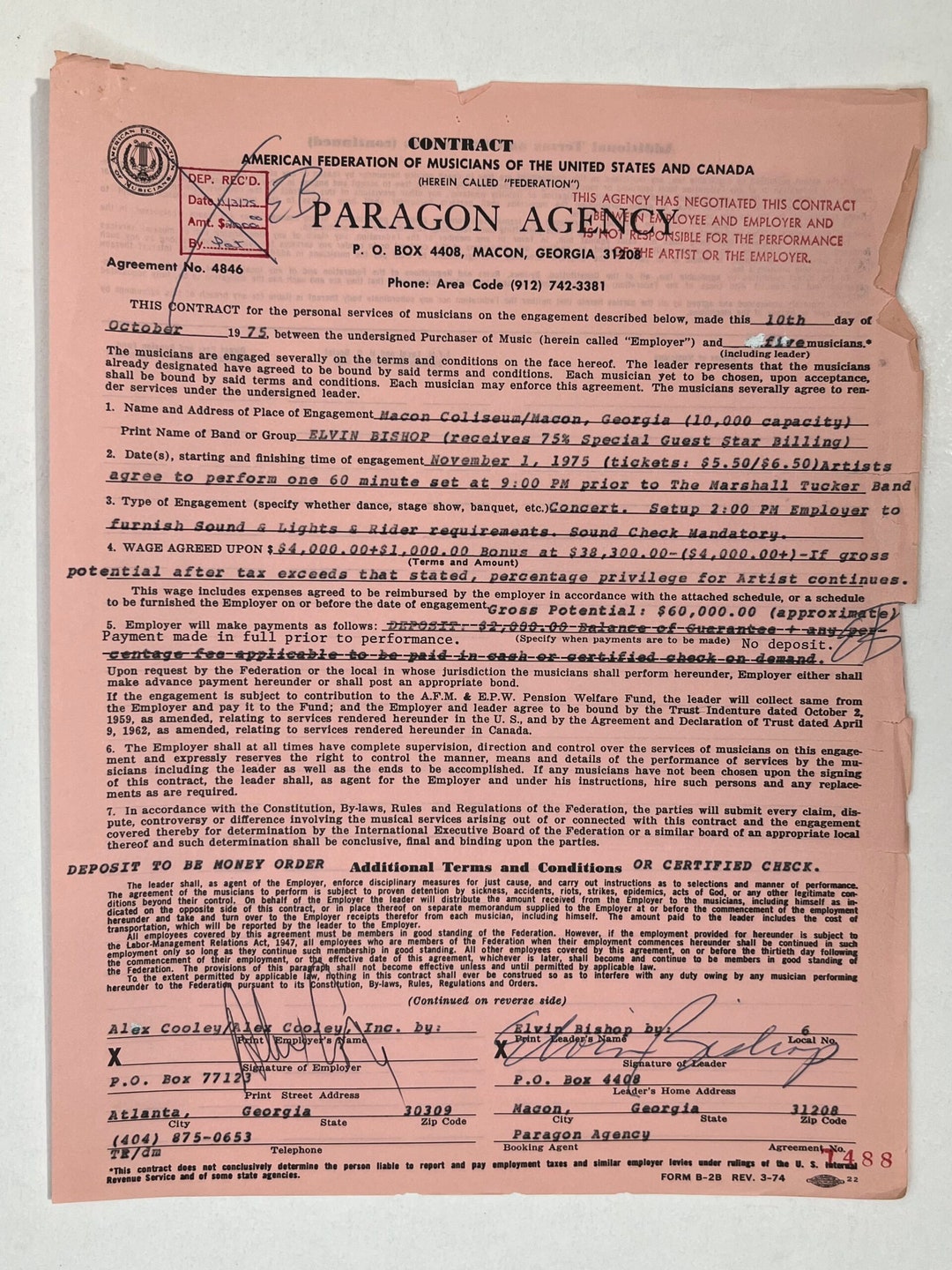 Elvin Bishop Concert Contract 1975 Macon Ga-vintage Pop Culture Music ...
