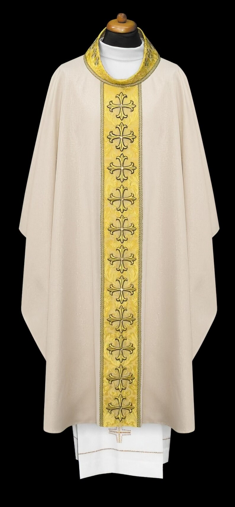 Heavenly Harmony: Cream Brocade Chasuble With Embroidered Crosses and ...
