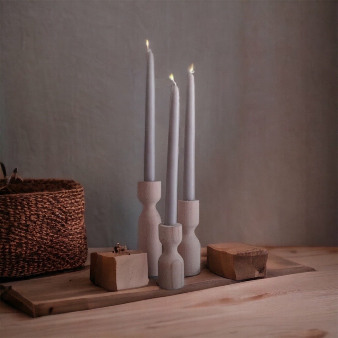 Beech Wood Candlestick Holder, Pillar Candlestick Set of 3, Rustic Gift for Her, Gift Idea for ...