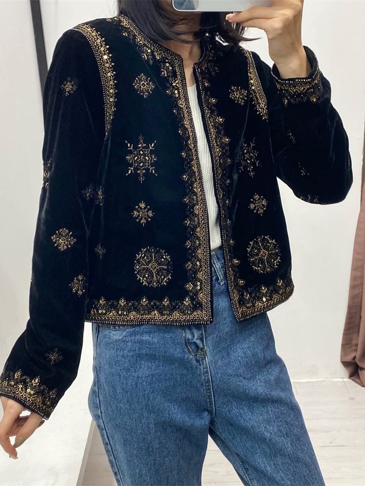 Women Velvet Stylish Jacket Retro Embroidered Velvet Jacket Embroidery ...