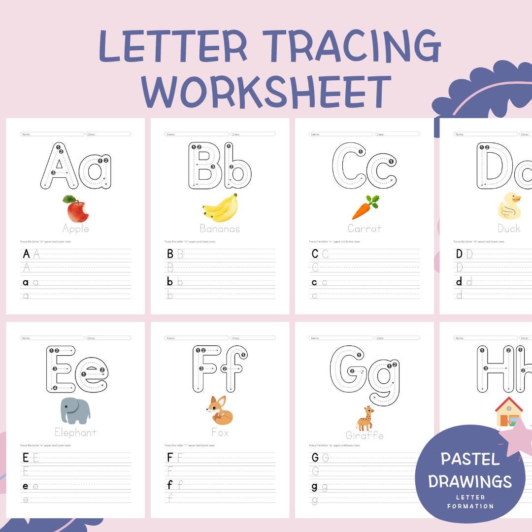 A4 Alphabet Tracing Worksheets PDF | 26 Illustrated Letter Formation ...
