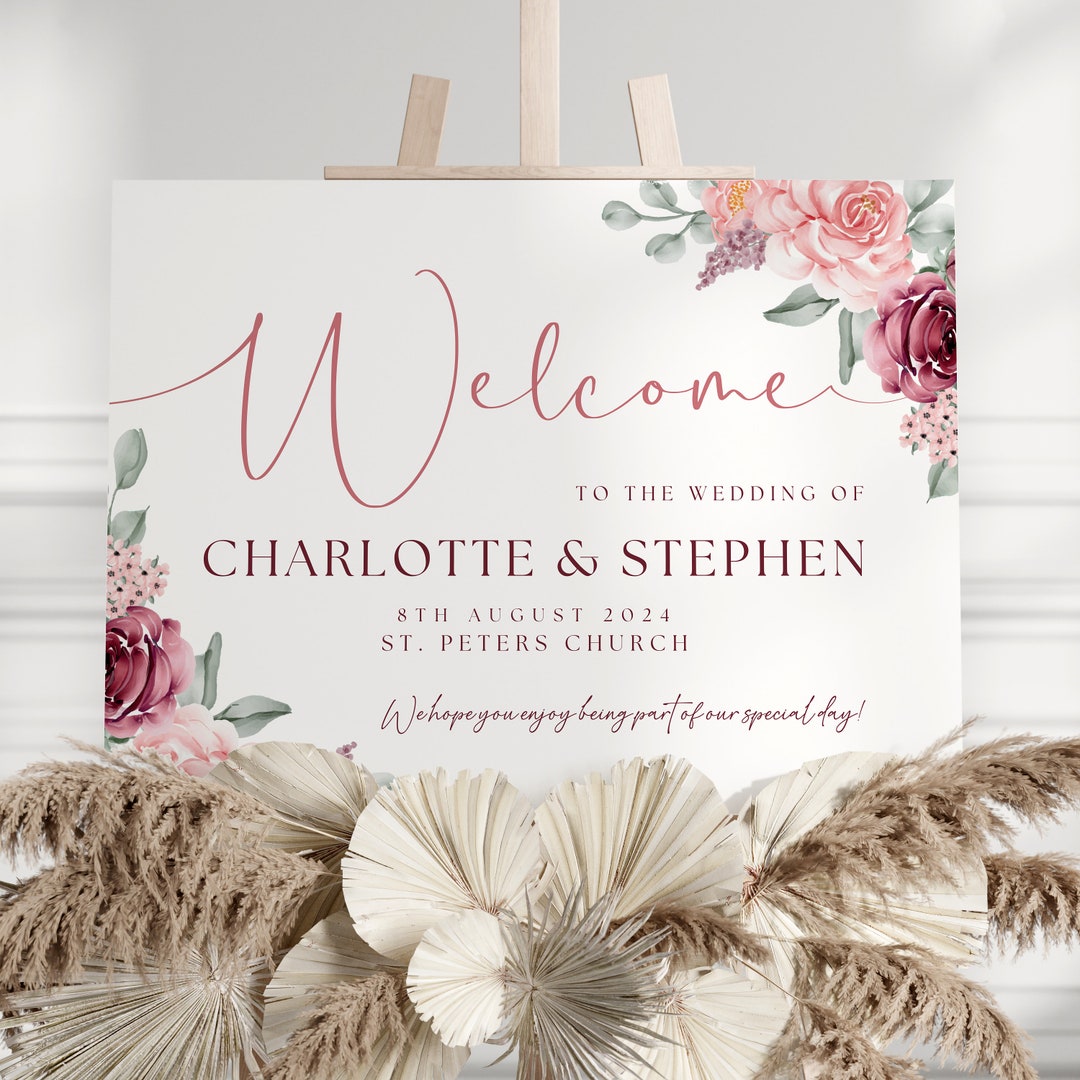 Wedding Welcome Sign, Pink Flowers, Personalised Floral Sign Board A0 ...