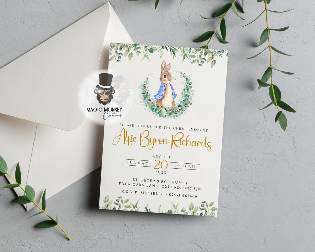 Peter Rabbit Baptism Invitation , Cute Bunny Animal Christening Invites ...