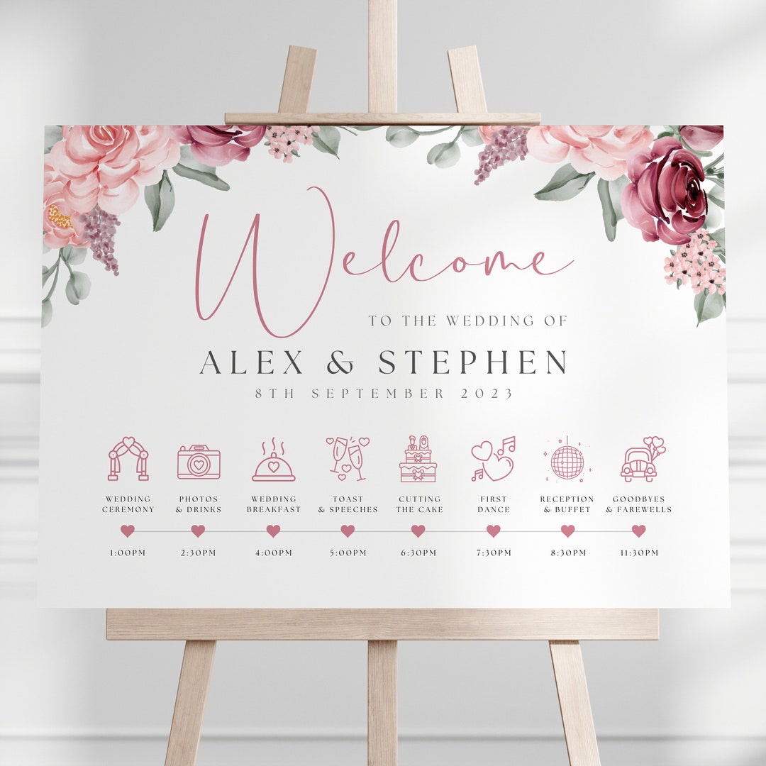 Personalized Wedding Welcome Sign With Order of the Day – Pink Floral ...