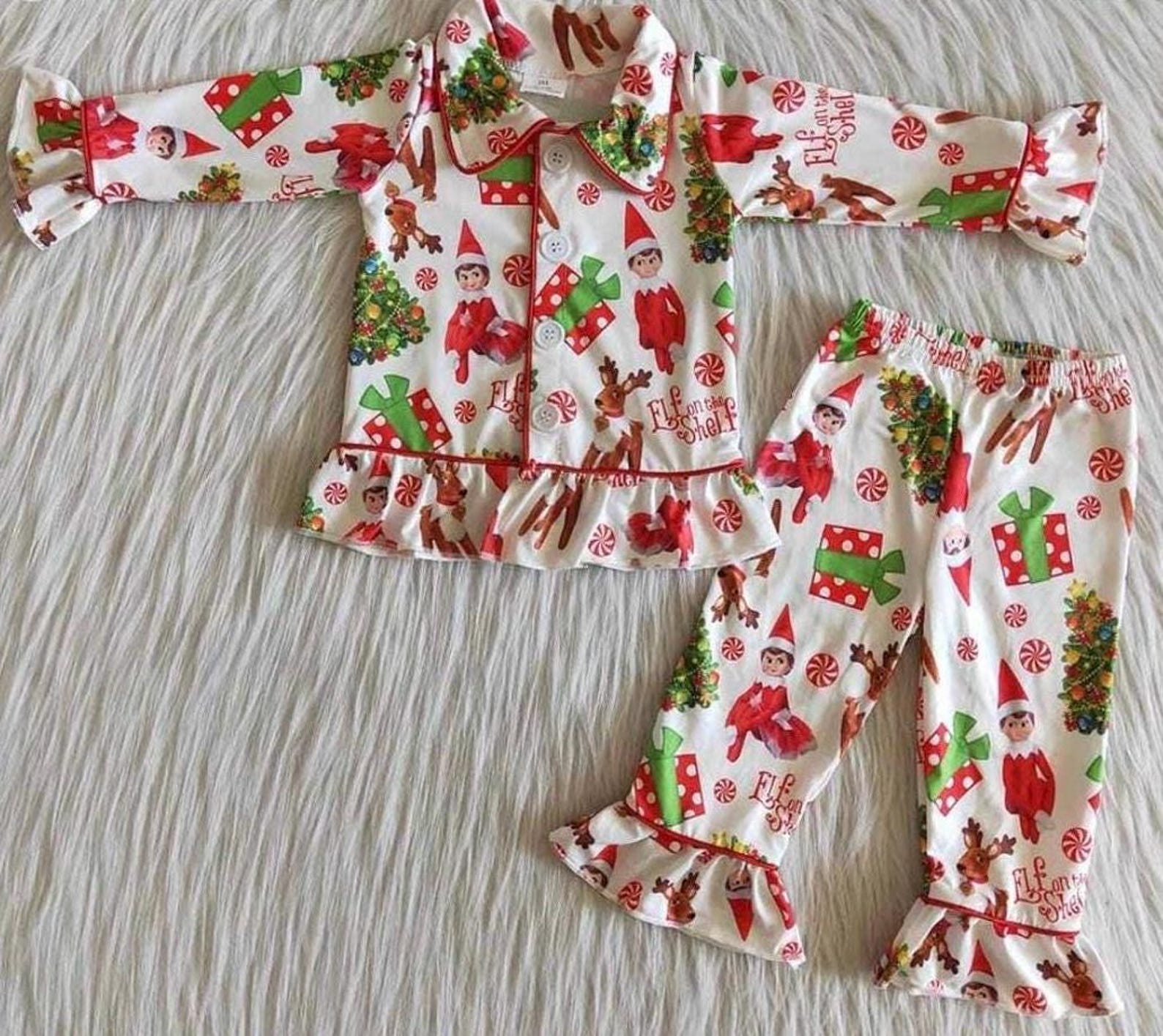 Girls Christmas 2 Piece PJ Set Elf Ruffled Shelf Preorder - Etsy