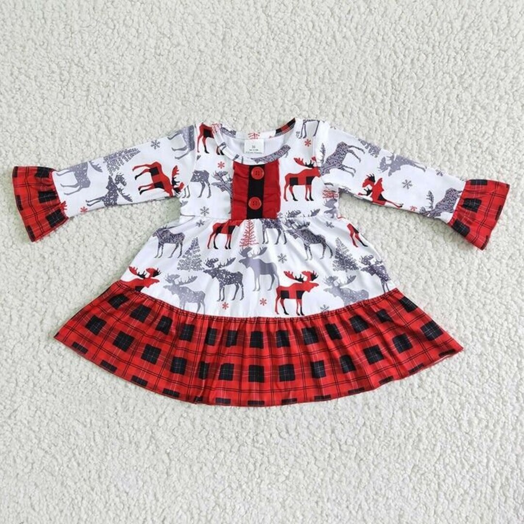 Girls Moose Buffalo Plaid Boutique Christmas Dress Ruffled Twirl - Etsy