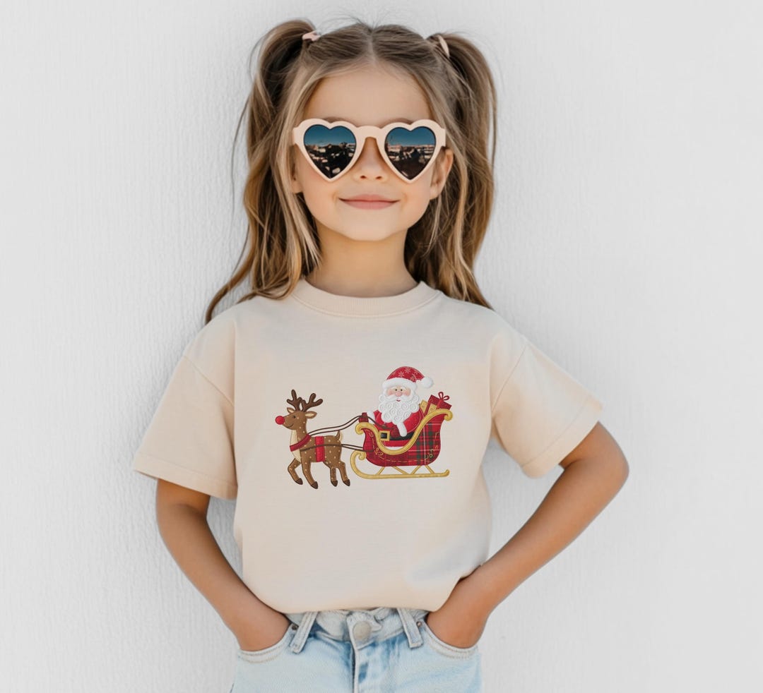 Santa Reindeer Sleigh Kids Christmas Shirt Matching Family Holiday Tee ...