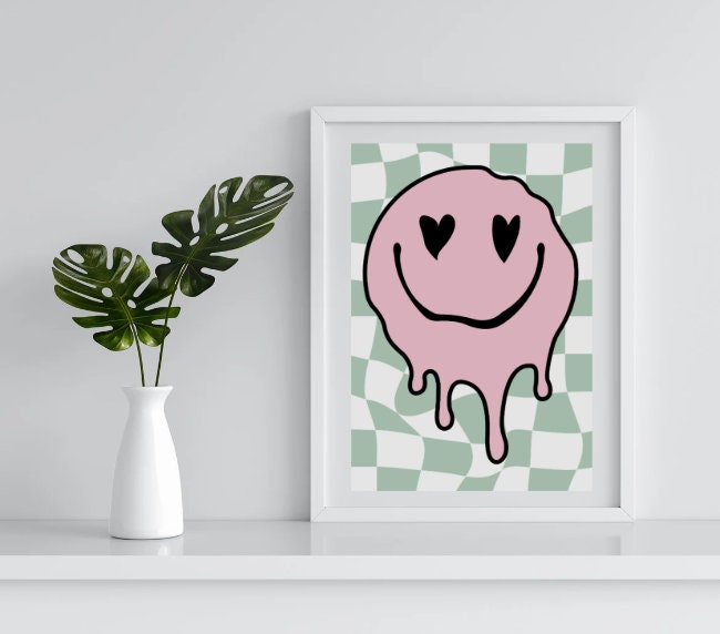 Smiley Face Wall Art Sage Green and Pink Aesthetic Digital Print - Etsy