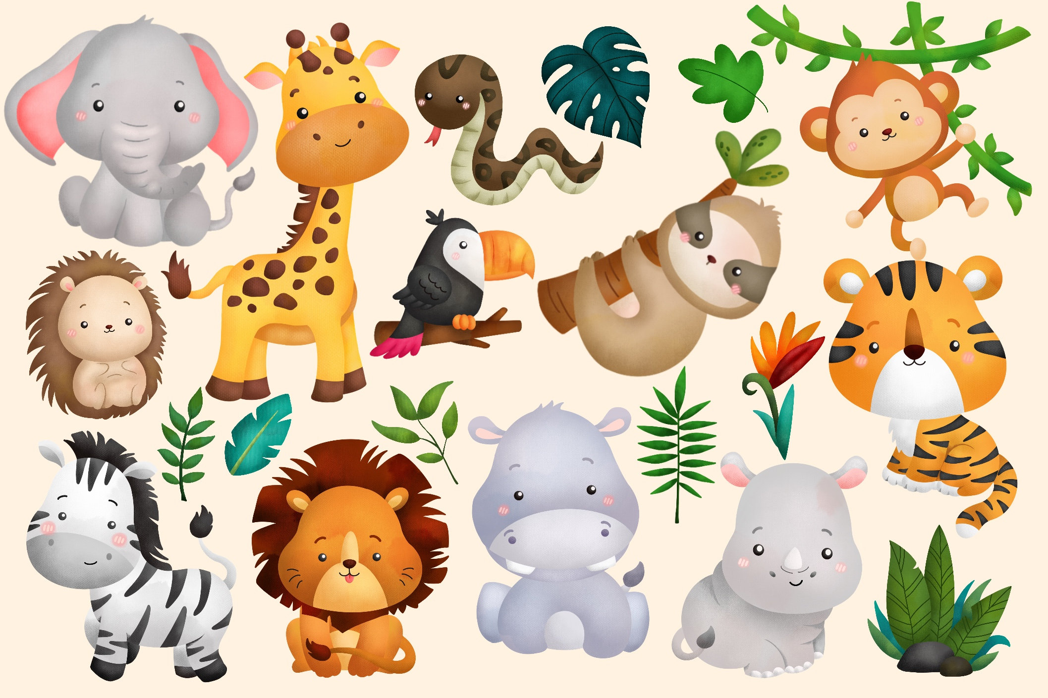 Watercolor Jungle Animals Clipart Cute Animals Clip Art Safari Animals ...