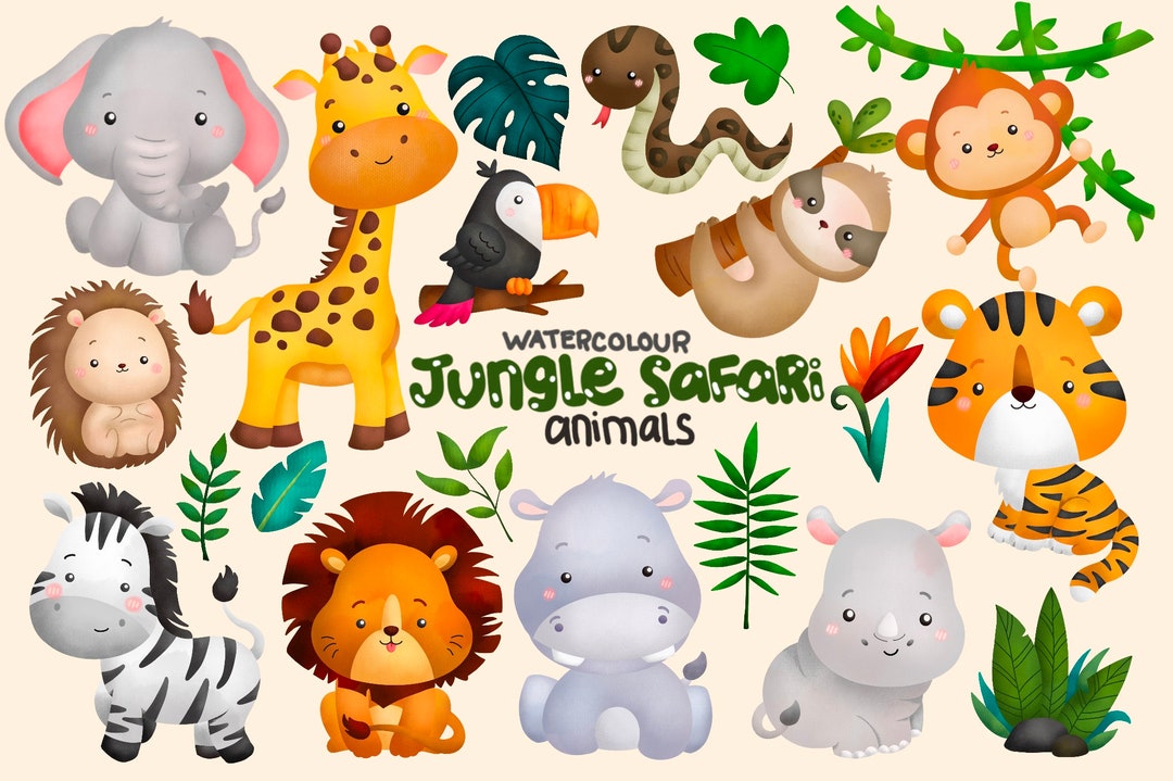 Watercolor Jungle Animals Clipart Cute Animals Clip Art Safari Animals ...