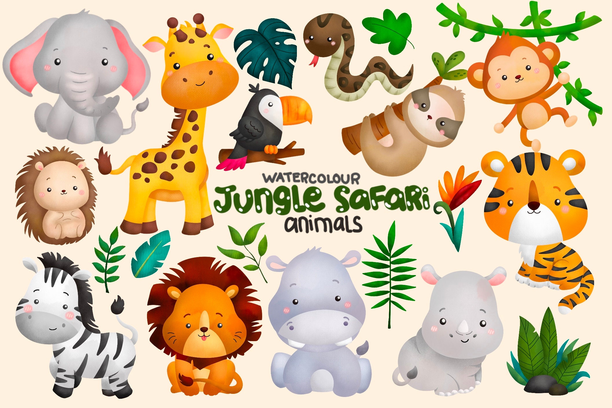 Watercolor Jungle Animals Clipart Cute Animals Clip Art Safari Animals ...