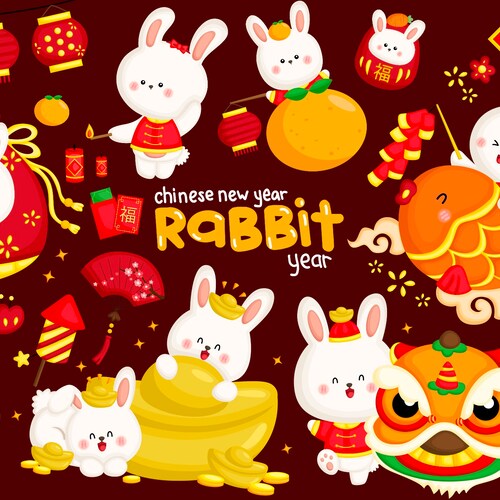 Chinese New Year Clipart Year of Rabbit Clipart Digital - Etsy