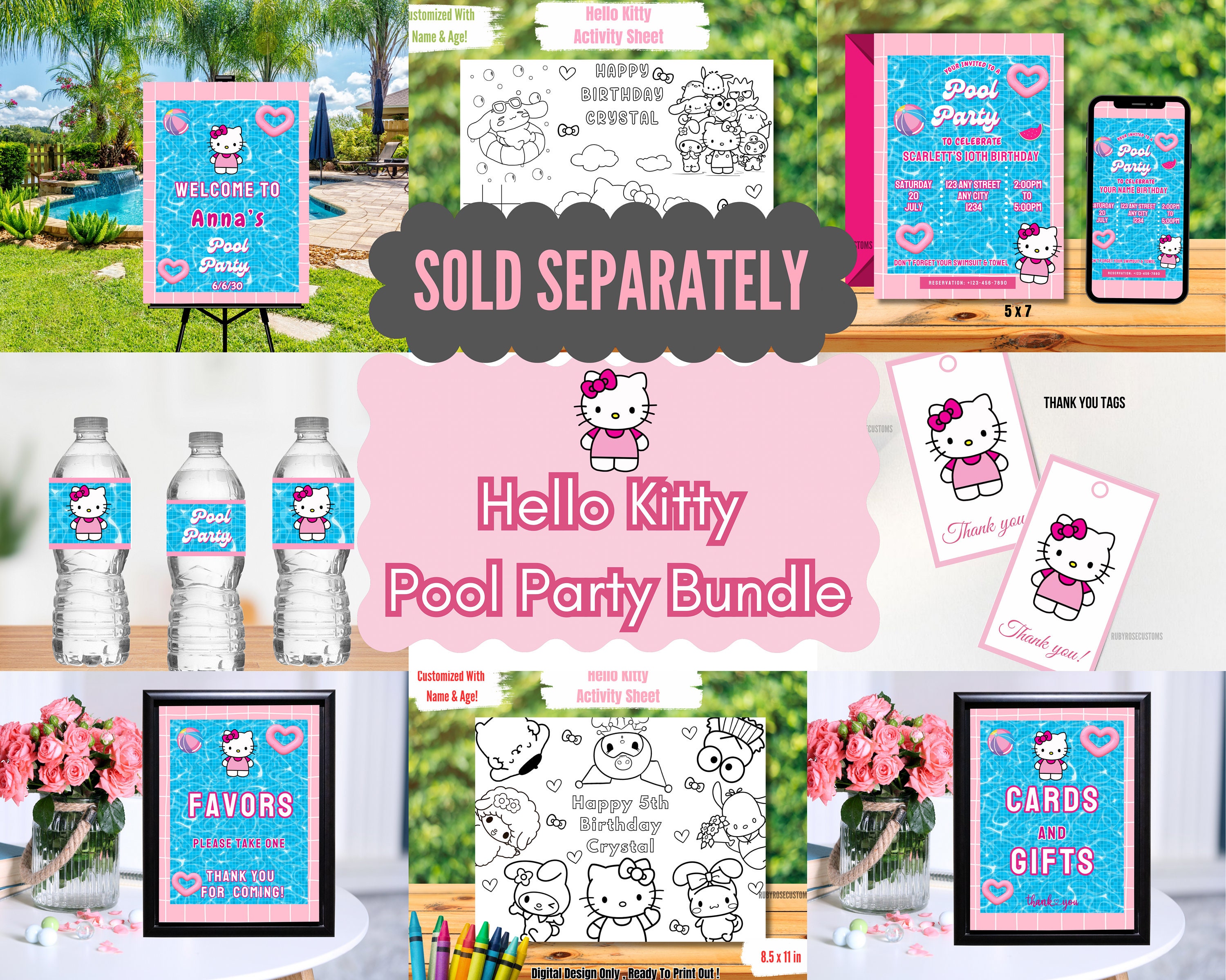 Kitty Pool Hello Birthday Bash Invitation Gradient Pink Summer Template ...
