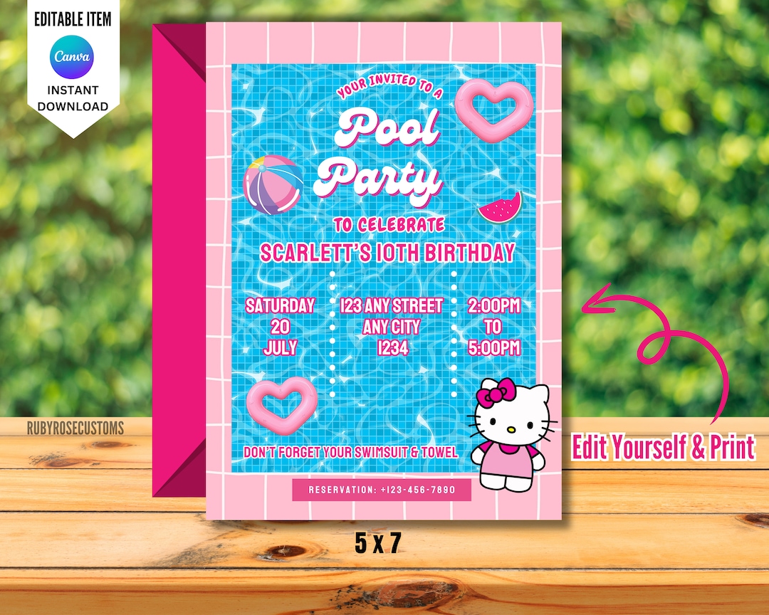 Kitty Pool Hello Birthday Bash Invitation Gradient Pink Summer Template ...