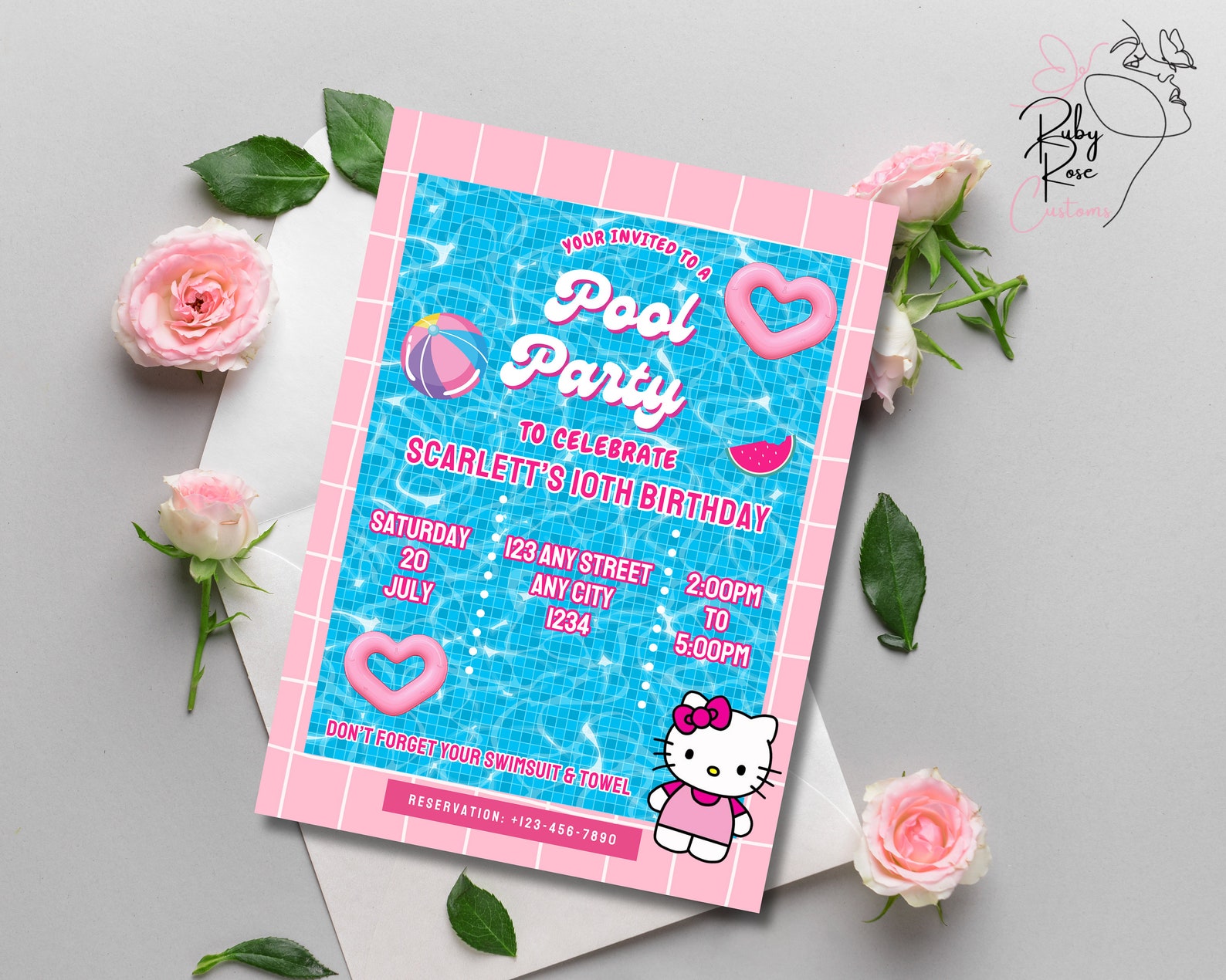 Kitty Pool Hello Birthday Bash Invitation Gradient Pink Summer Template ...