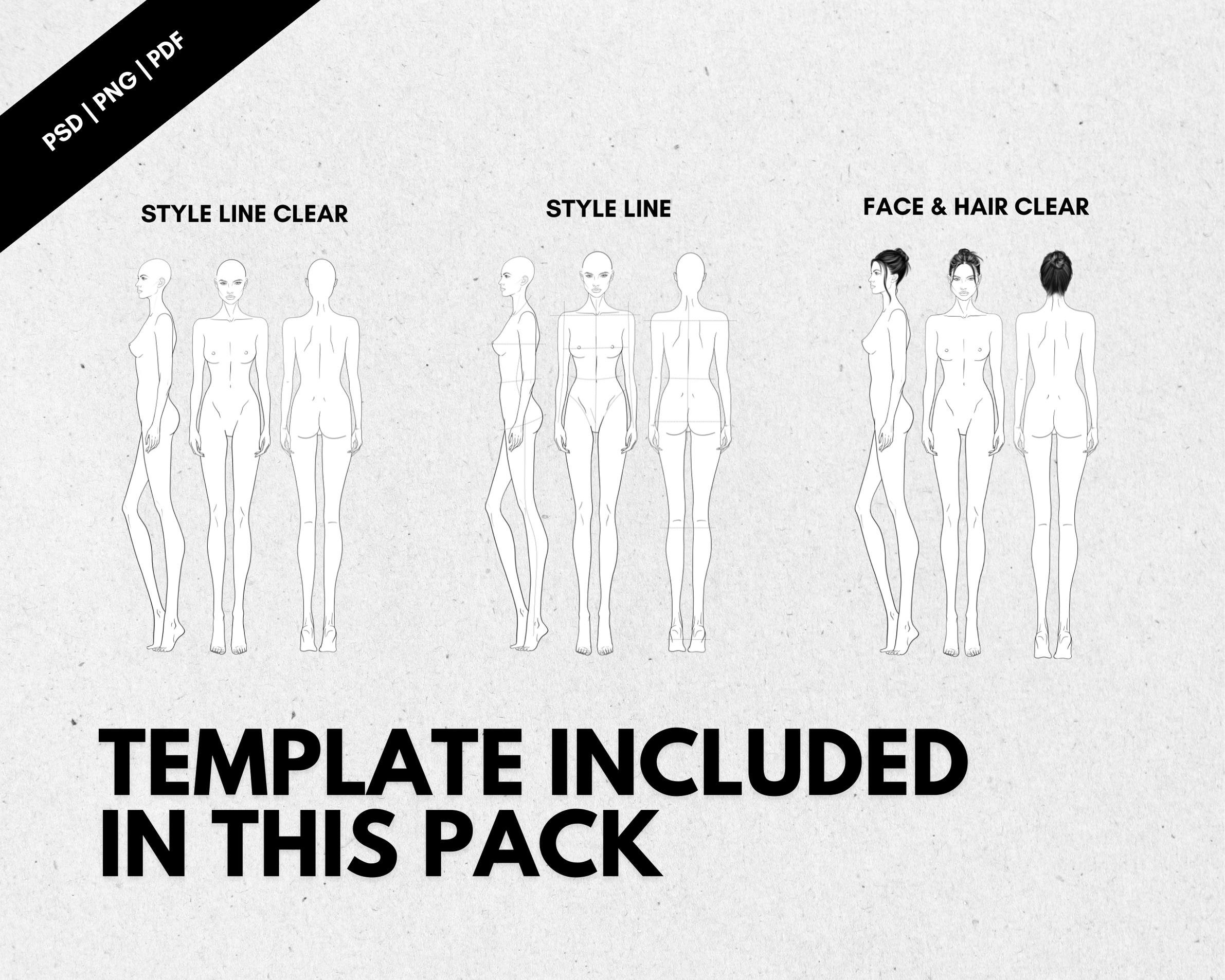 Fashion Figure Croquis Template • Front, Side and Back Straight Pose ...