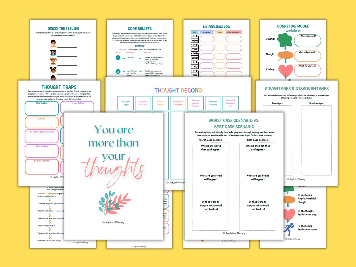 23 CBT Worksheets for Kids, Reflection Sheets, Thought Record, CBT ...