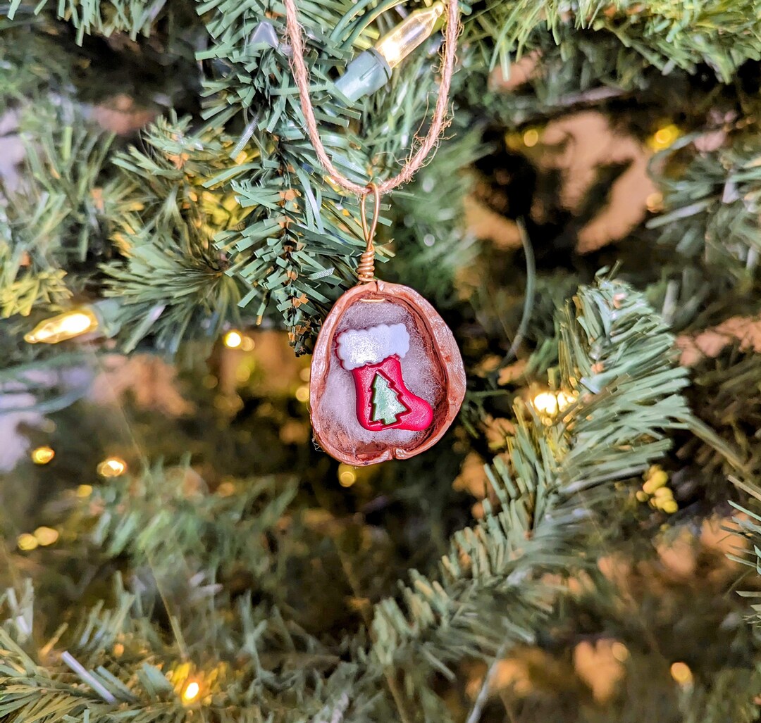 Real Walnut Shell With a Stocking Decorated With a Tree Christmas ...