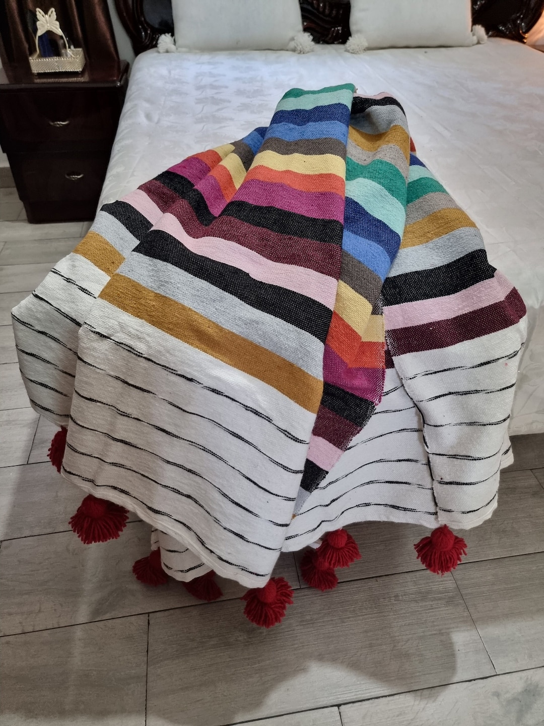 Moroccan Pompom Blanket, Bed Spread, Unique Moroccan Handmade Colorful Blankets, Wool Blanket ...