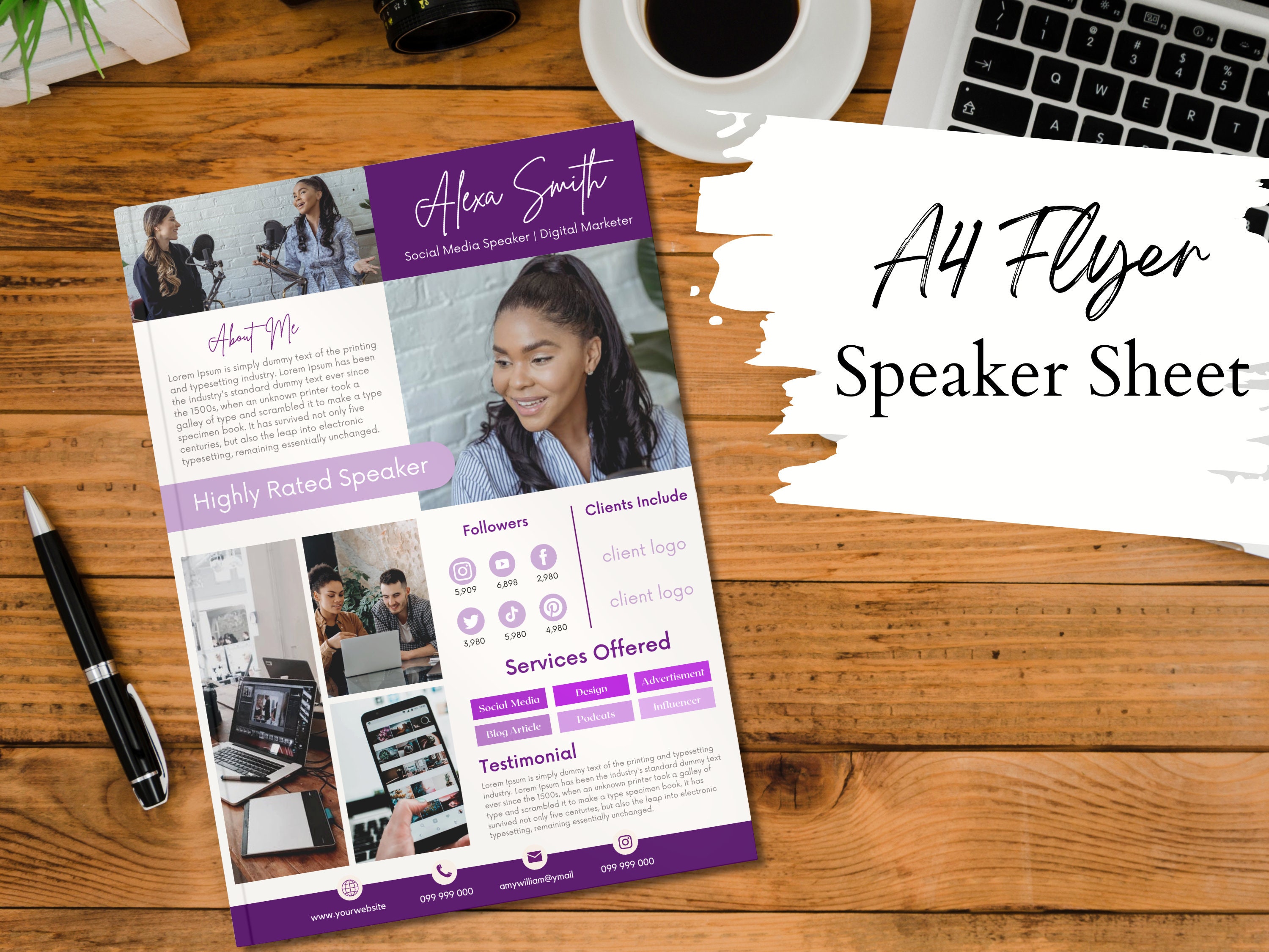 Speaker One Sheet Purple Flyer. Speaker Sheet One Sheet. Professional Speaker Sheet. Easily ...