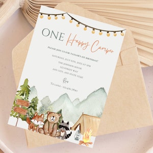ONE Happy Camper 1st Birthday Invitation Camping Birthday Party Editable Invitation Instant ...