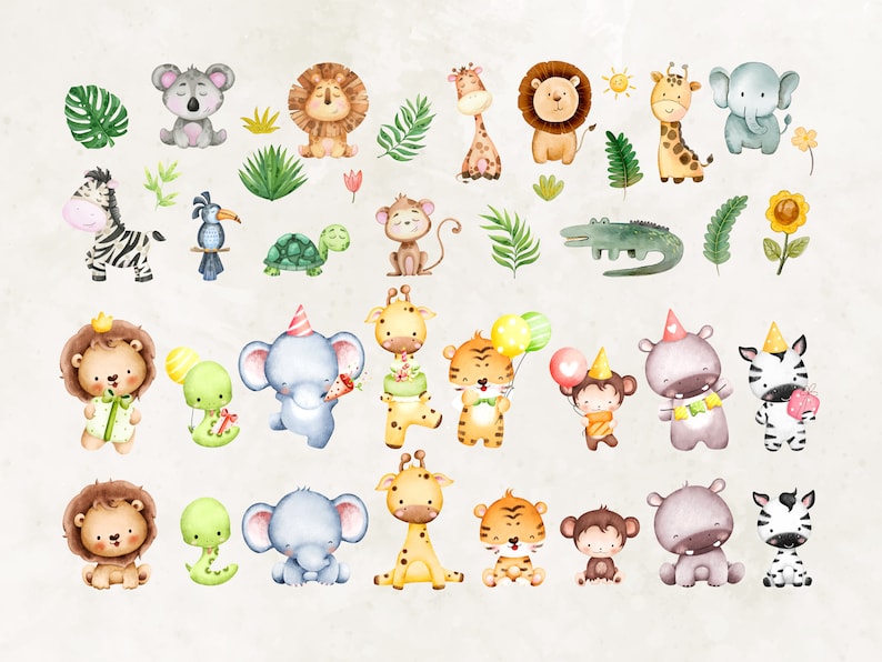Safari Baby Animals Watercolor Clipart Safari Animals Svg Zoo Animals ...