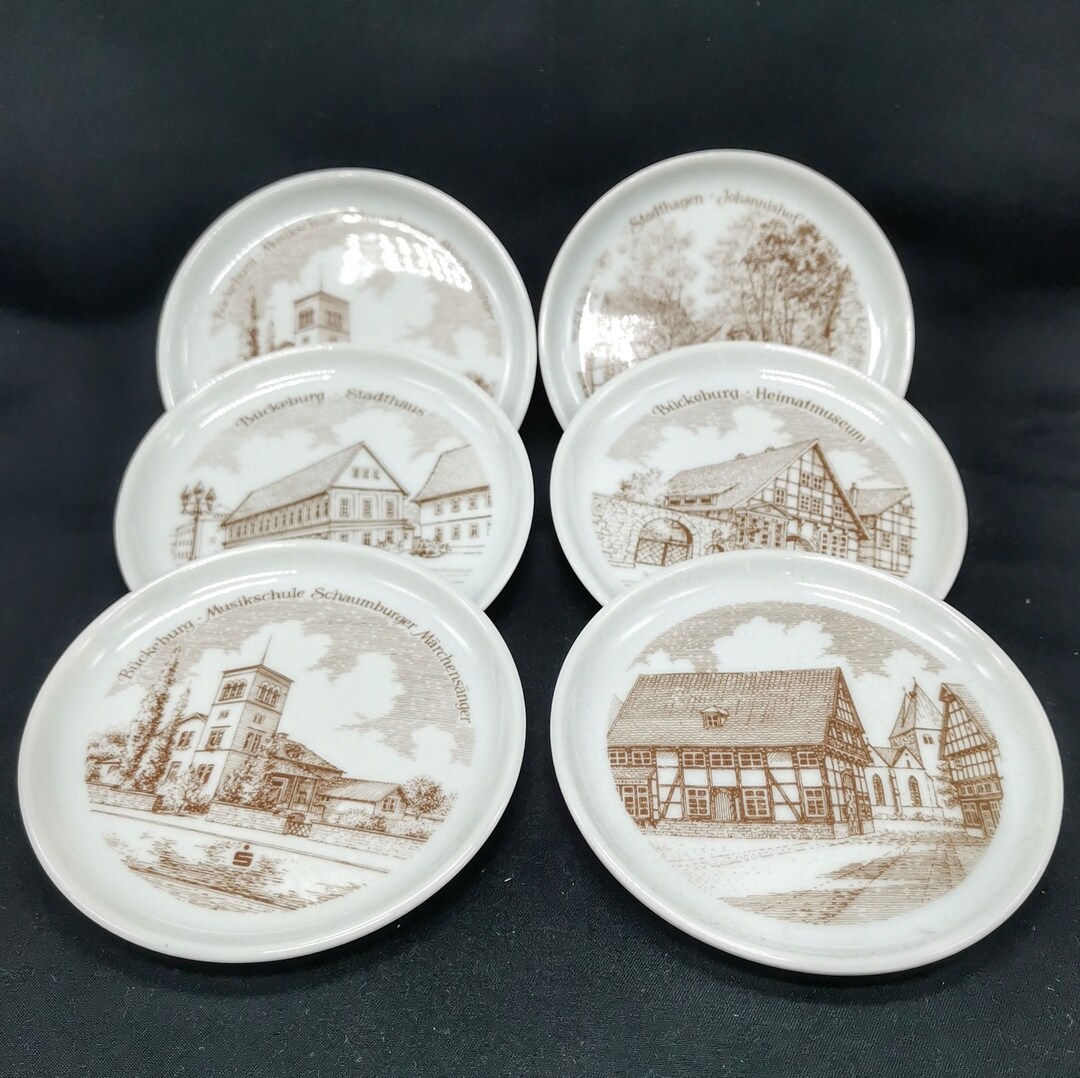 6 Vintage German Porcelain Coasters Decorated With Historical Images of ...