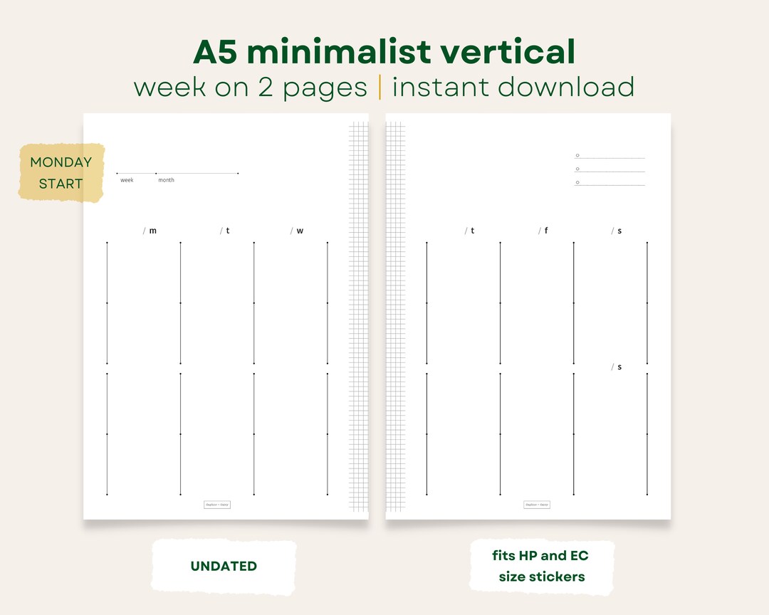 A5 Minimalist Vertical Weekly Planner Insert | 1.5” Columns | Wo2p | 1 ...