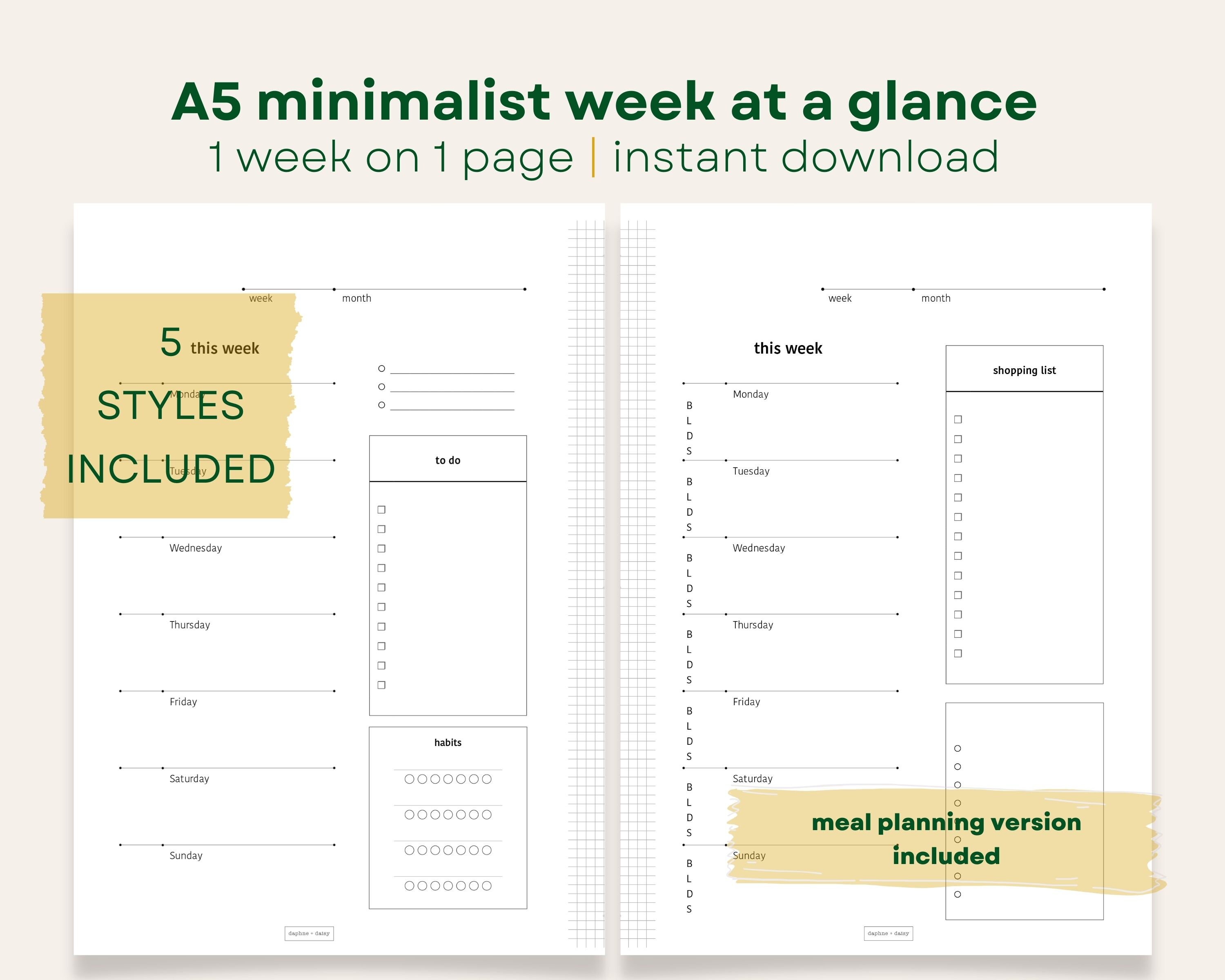 A5 Minimalist Weekly Planner Printable: Week on One Page (digital ...