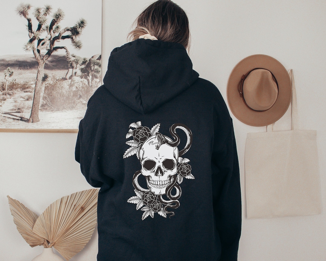 Snake Hoodie, Gothic Clothing, Back Print Hoody Floral Serpent Skull ...