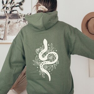 Snake Hoodie, Back Print Line Art Floral Snake Hoodie, Mystical ...