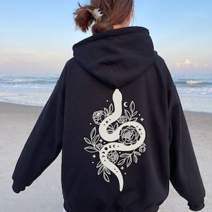 Snake Hoodie, Back Print Line Art Floral Snake Hoodie, Mystical ...
