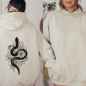Snake Hoodie, Back Print Line Art Floral Snake Hoodie, Mystical ...