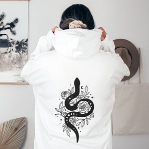 Snake Hoodie, Back Print Line Art Floral Snake Hoodie, Mystical ...