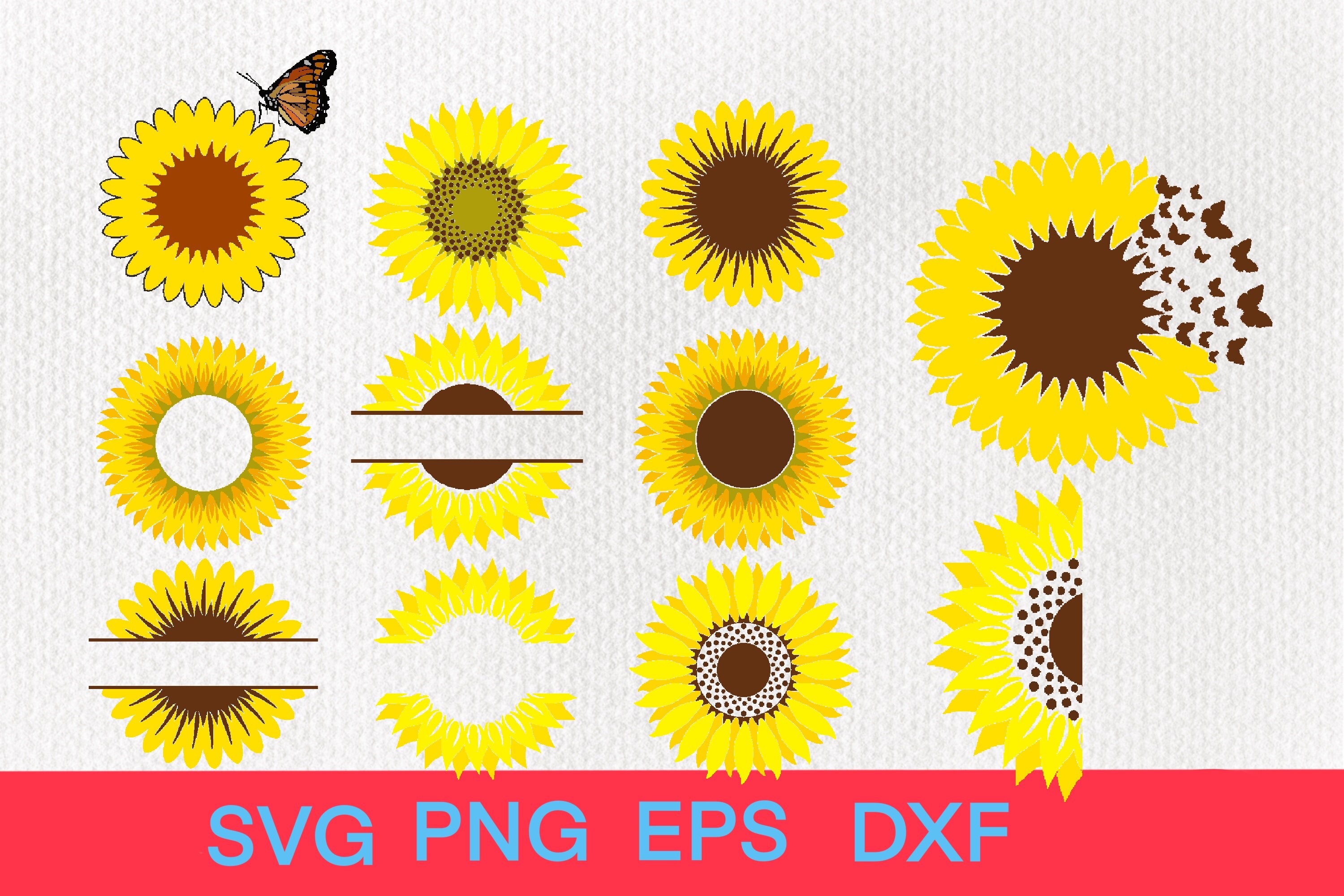 Sunflower Svg Bundle | Sunflower Split Svg | Sunflower and Butterflies ...