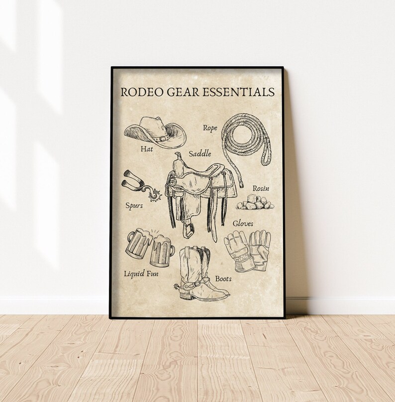 Rodeo Gear Essentials Poster, Western Lover Poster, American Wall Decor ...