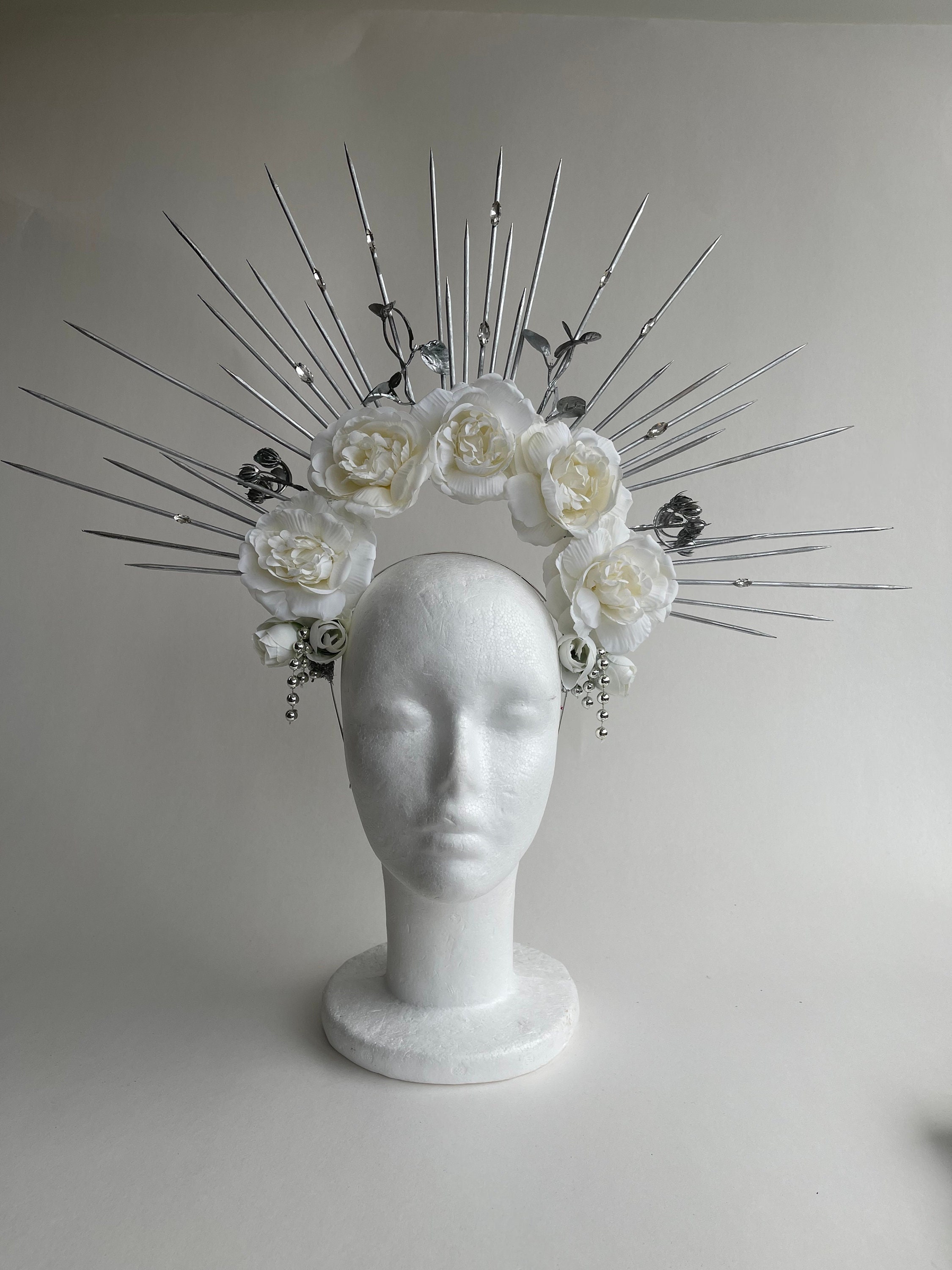 Silver Crown With Feathers & Flower Headpiece Headdress Halo Gothic ...