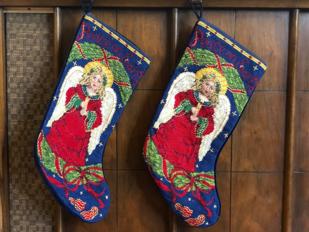 Vintage Needlepoint Christmas Stocking, Peace on Earth, Angel, Wreath ...