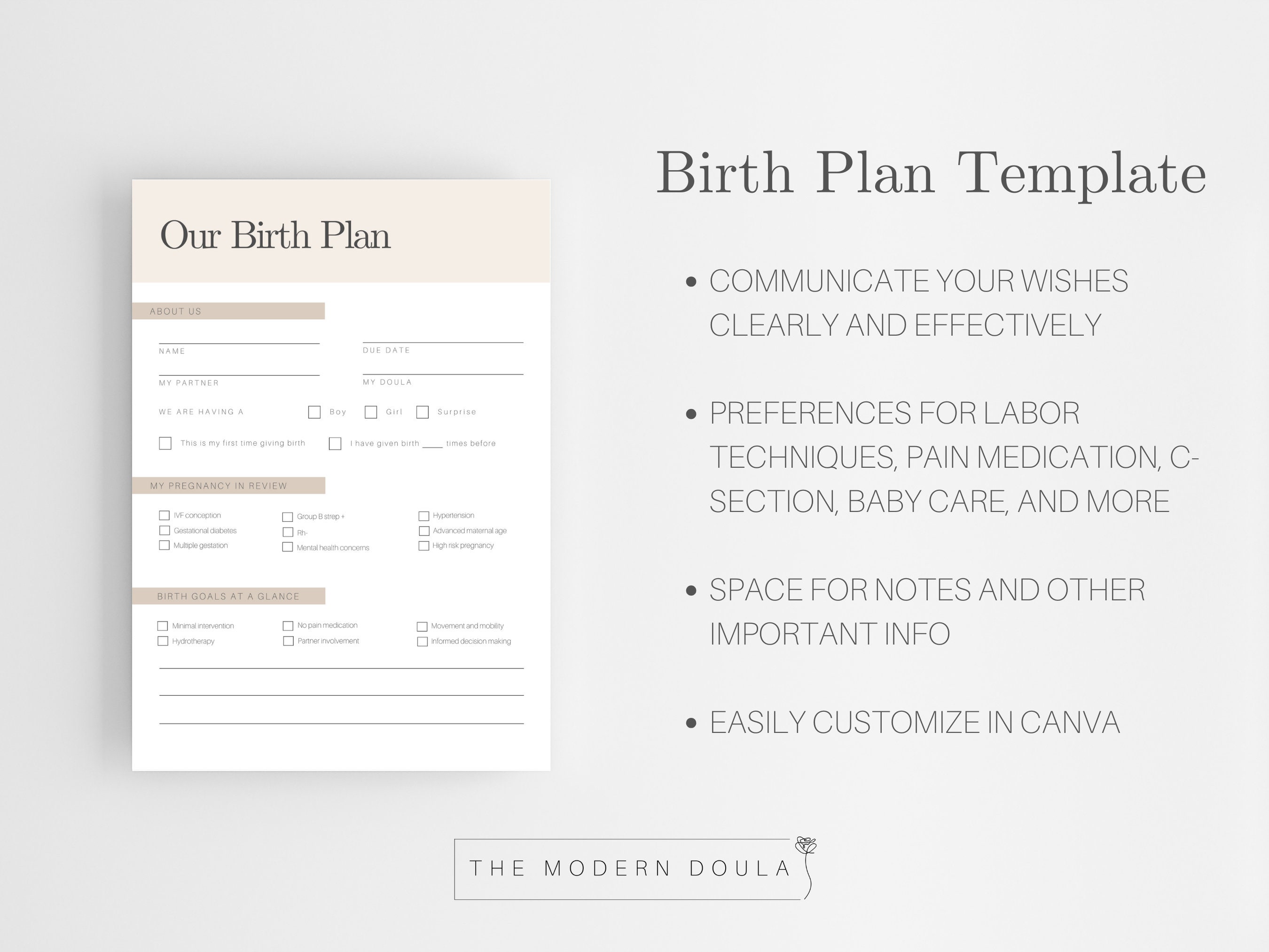 Labor and Birth Preferences, Birth Plan Template, Editable Birth Plan ...