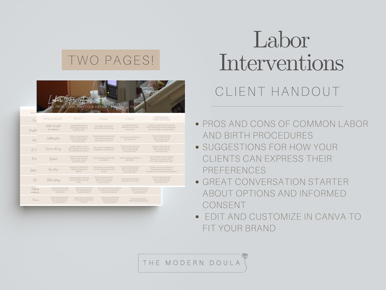 Labor Interventions Client Handout, Birth Doula Handout, Childbirth ...