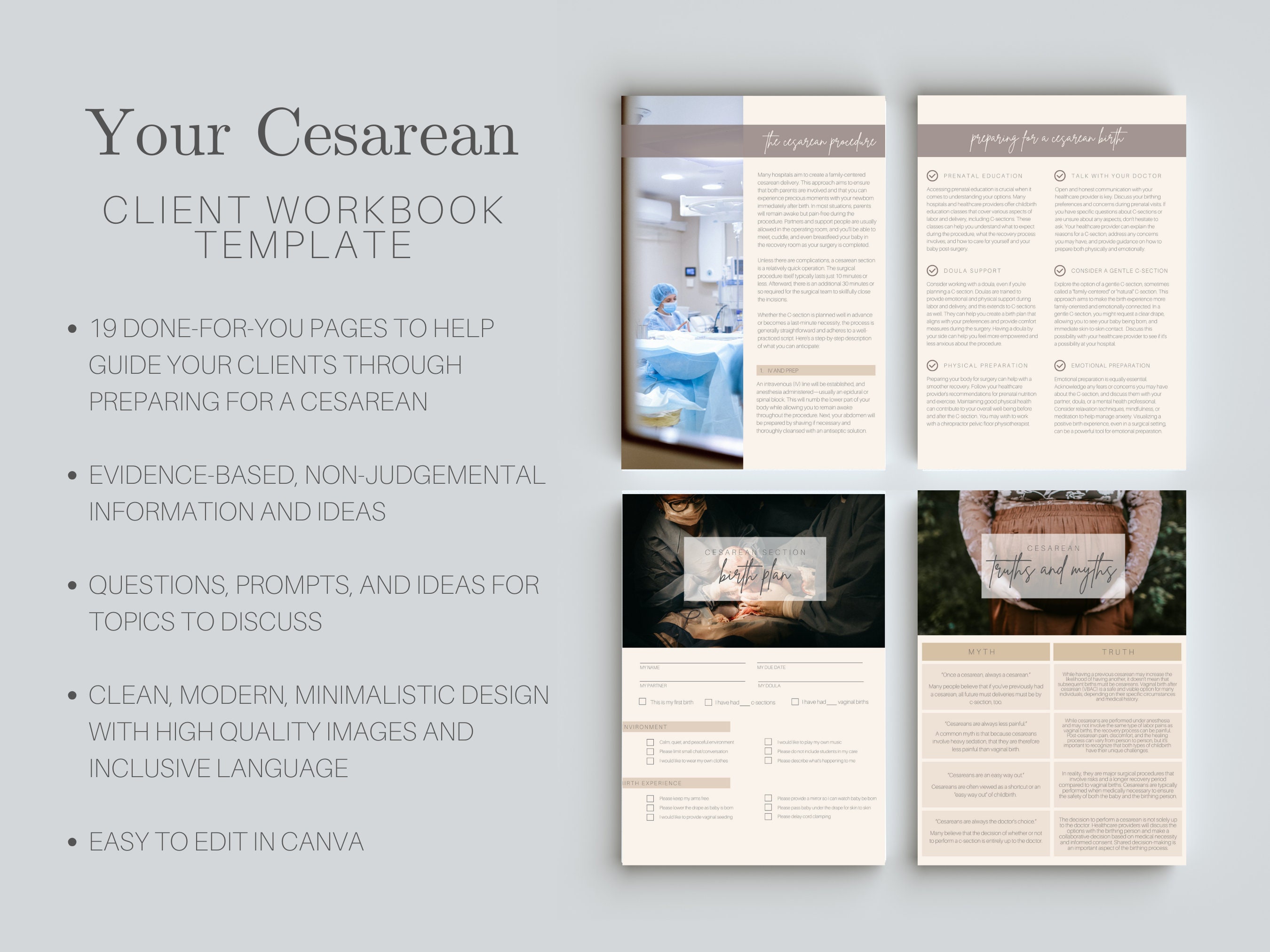 Cesarean Birth Plan Workbook, Birth Doula Client Workbook Template, C ...