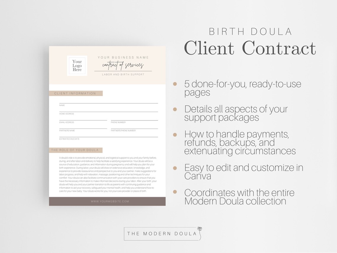 Birth Doula Contract, Doula Client Contract, Editable Doula Contract ...