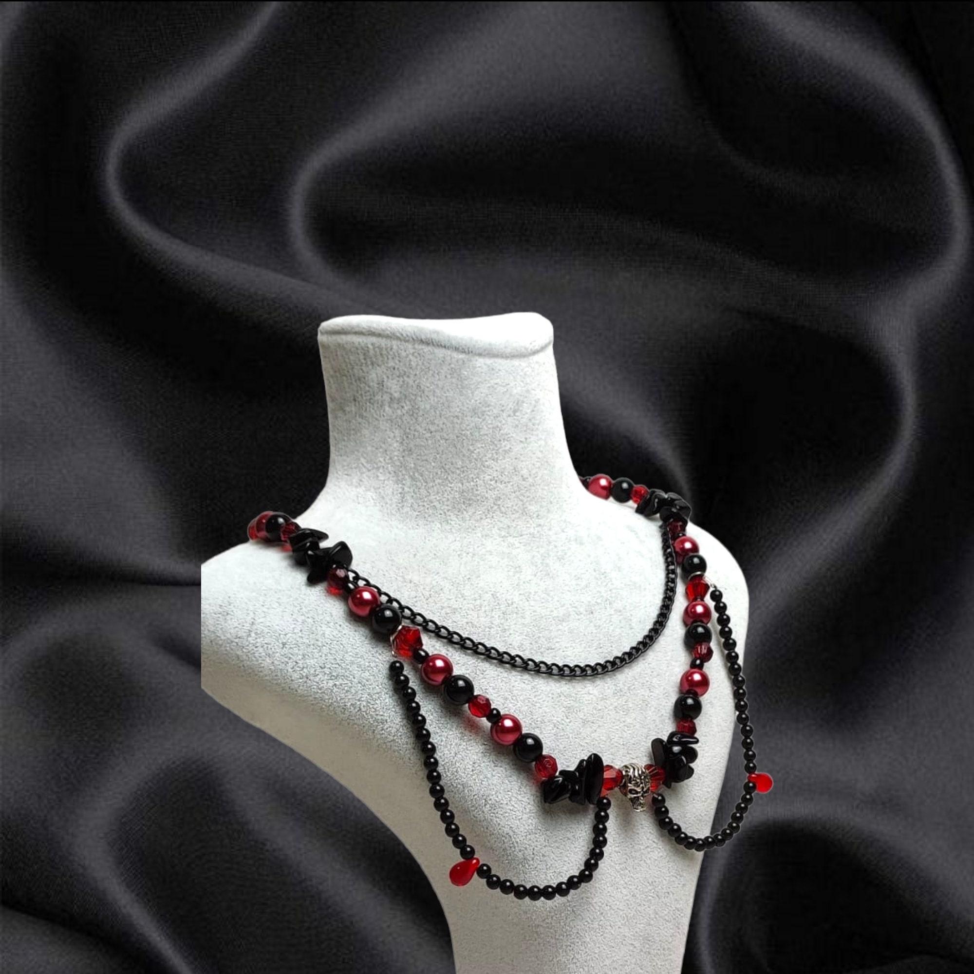 Goth Skull Necklace, Obsidian Stone, Red Glass Bead Chain - Etsy