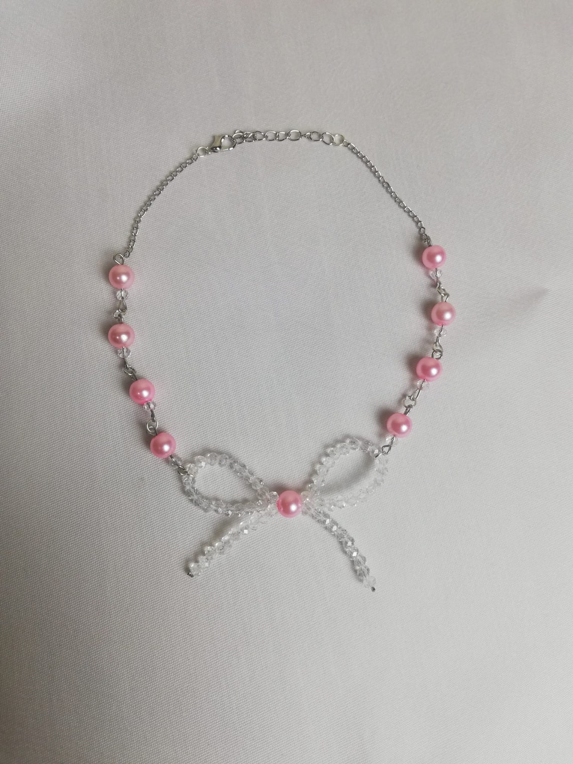 Y2K Bow Pearls Beaded Necklace, Cute Pink Necklace With Hearts ...